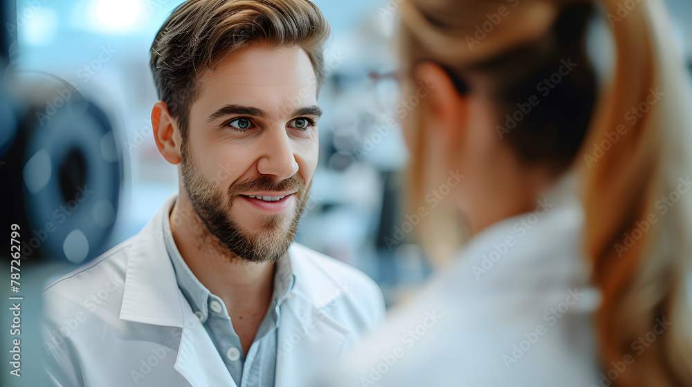 Male optometrist conducting an eye exam with a female patient in a ...