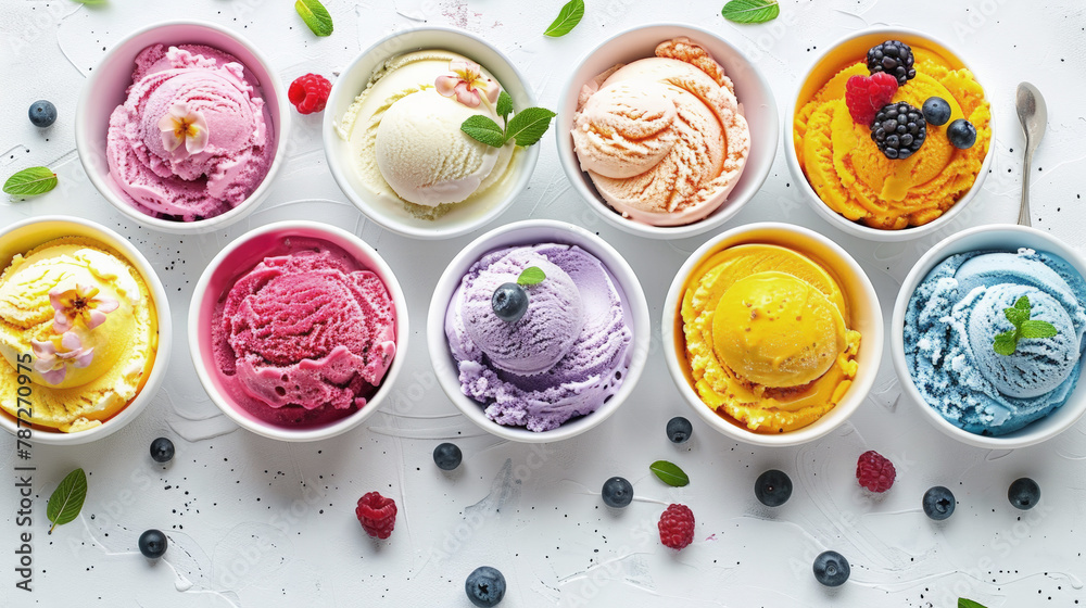 The natural scenery, five different colored ice cream in paper cups ...