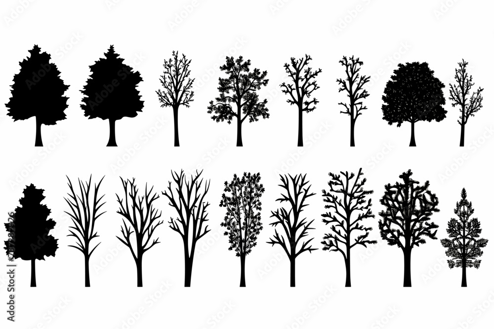 Silhouette tree set. Side view, set of graphic trees elements outline ...