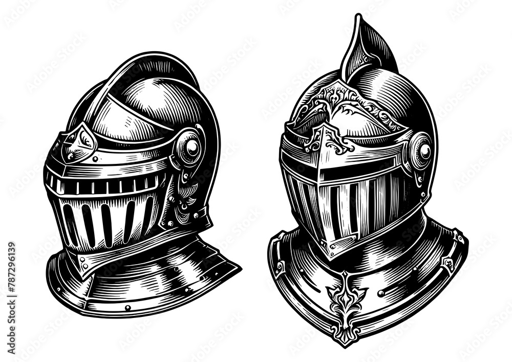 medieval knight helmets set with ornate engravings, depicted in a ...