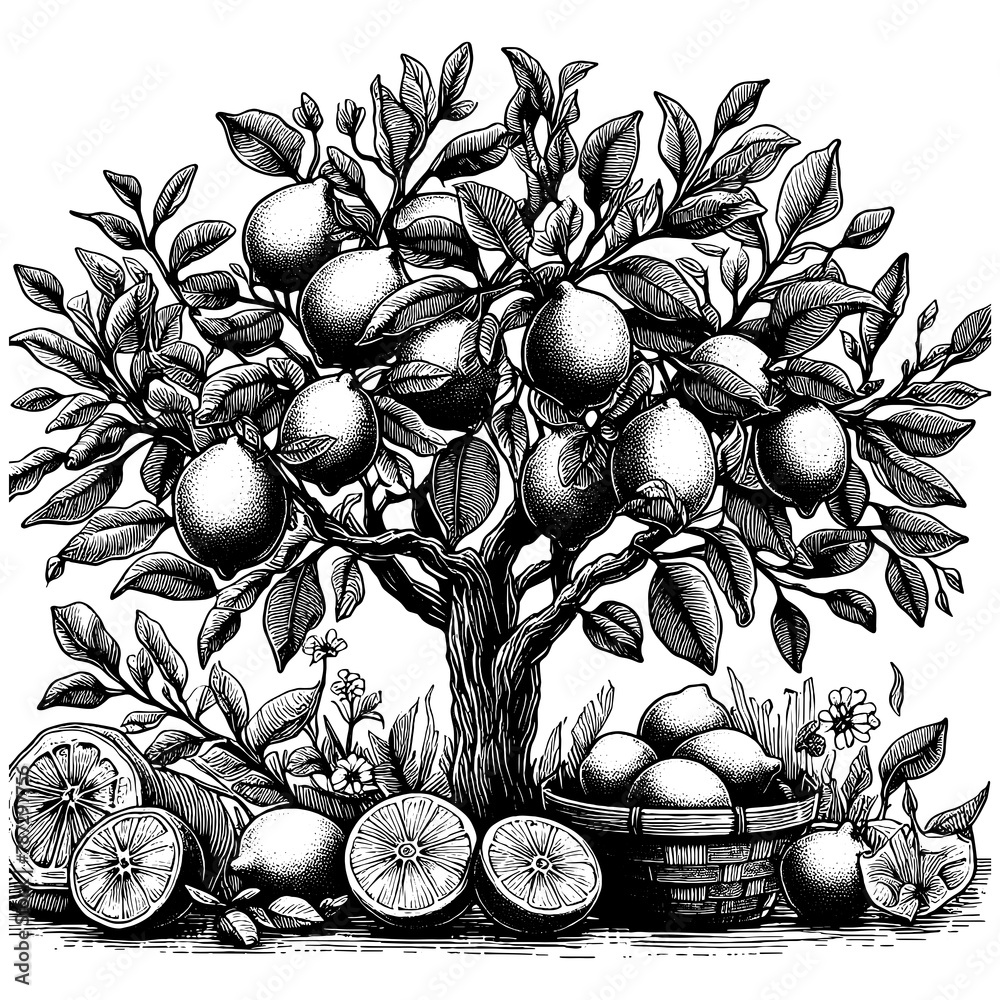 lemon tree with detailed cross-sections of the ripe fruit amidst lush ...