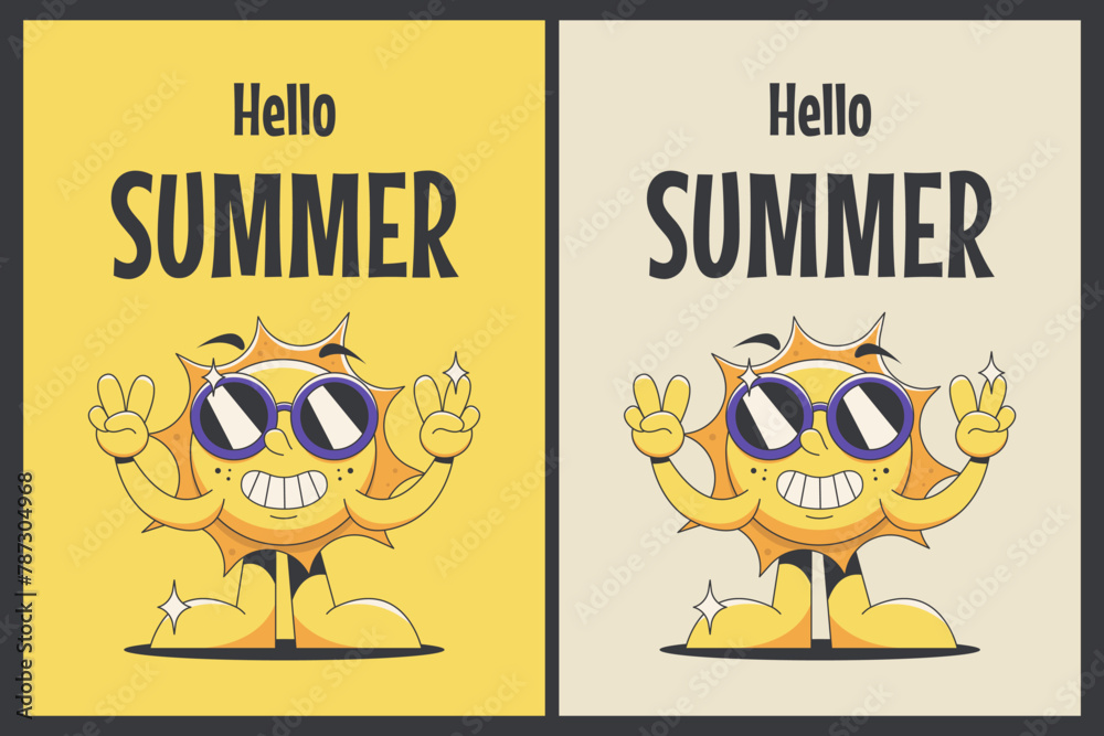 Hello summer in groovy style. Cartoon Sun with glasses making a peace ...