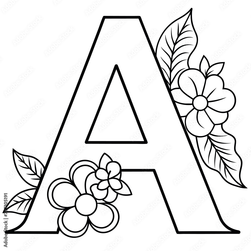 Alphabet A coloring page with the flower, A letter digital outline ...