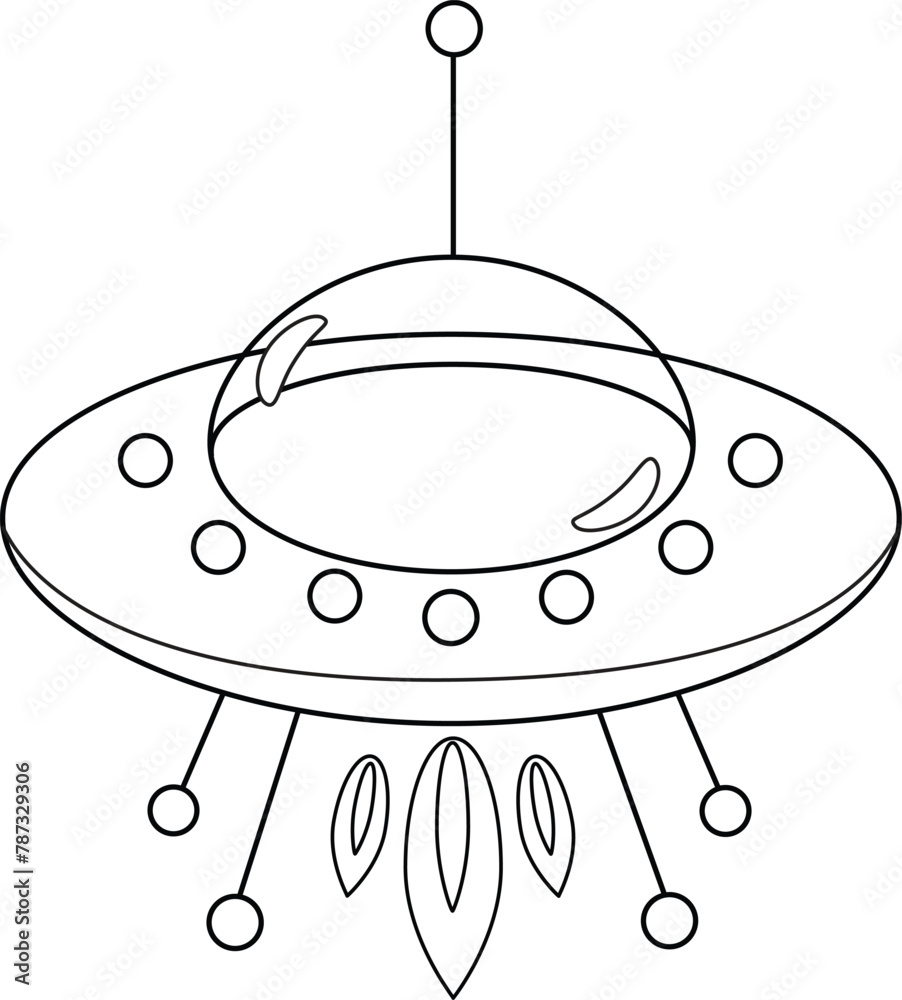 Flying saucer starship - vector linear picture for coloring ...