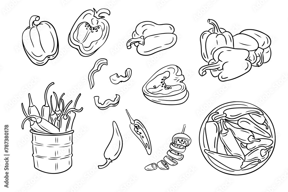 Big set of contour sketchy drawings of peppers. Black outline doodles ...