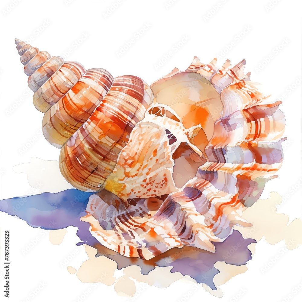 A serene watercolor of a Cone Snail on the ocean floor, intricate shell ...
