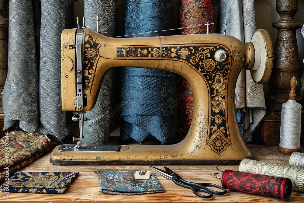 Tailor's retro workshop with an old sewing machine. The touch of aged ...