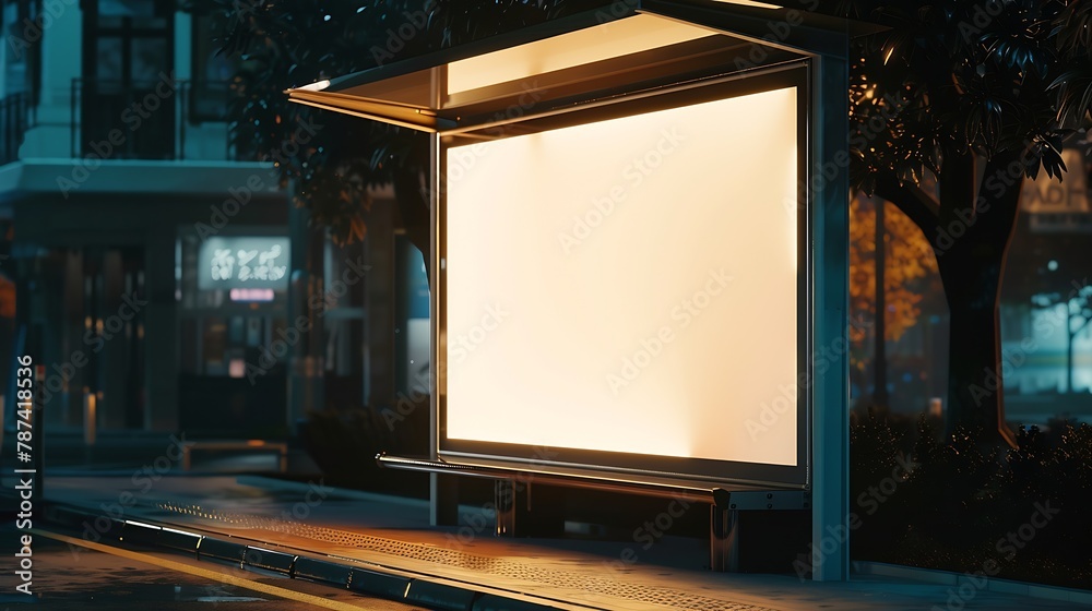bus shelter with blank ad panel billboard display empty white lightbox ...