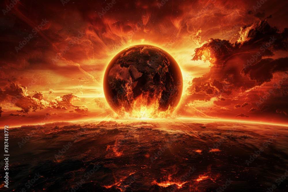 A dramatic apocalyptic scene - Earth ablaze and exploding under a ...