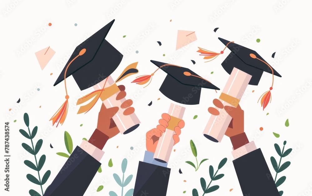 hands holding rolled up diploma papers and throwing black graduation ...