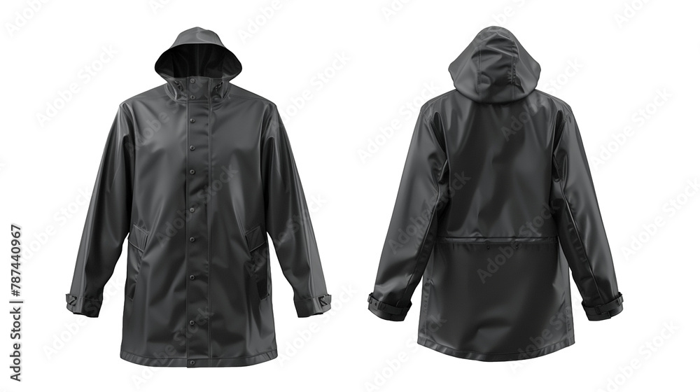 Black raincoat mock-up front and back view, isolated on a transparent ...