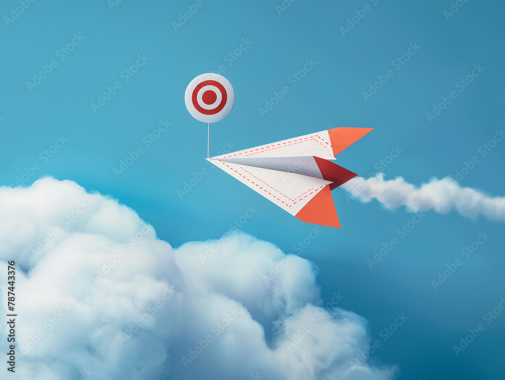 A paper airplane with a success roadmap printed on it, flying towards a ...