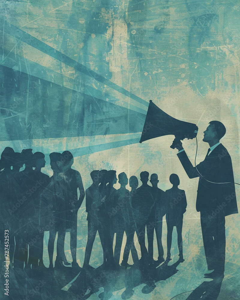 A leader using a megaphone to delegate tasks to a team, each member ...