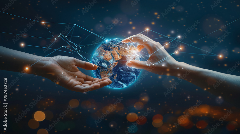 Digital hands reaching out across a globe, forming connections that ...