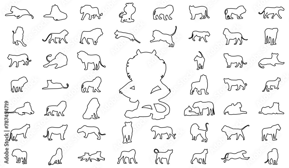 Minimal style lion line drawing, Side view, set of graphics lions ...