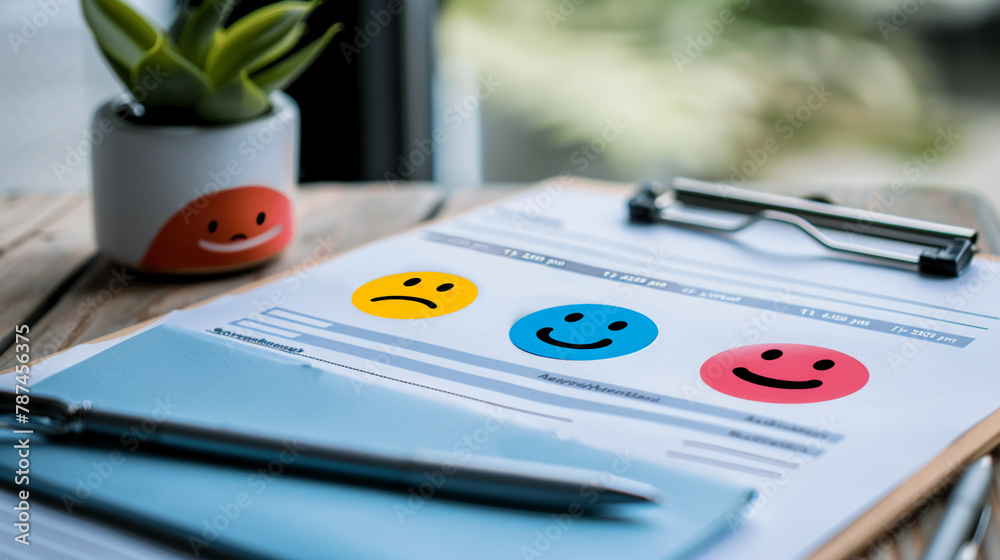 Engaging feedback survey on a clipboard, using emoticons to visually ...