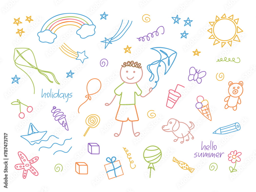 Funny doodl boy childish elements set. Summer holidays, fun, happy ...