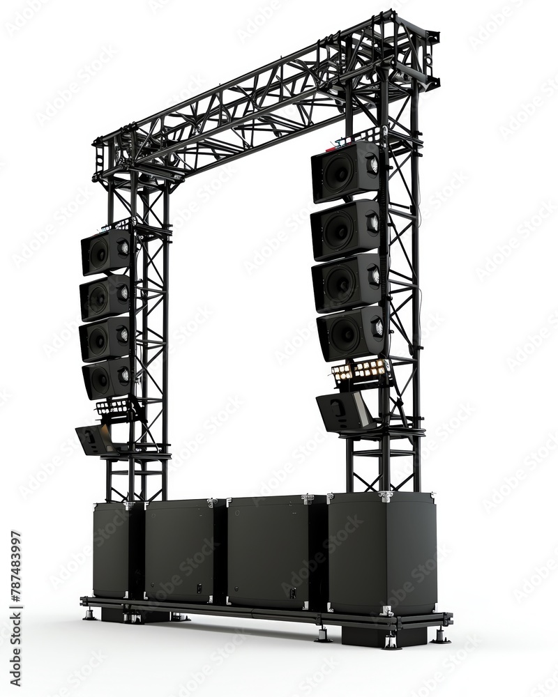 A side view of black sound system line array speakers on top and bottom ...