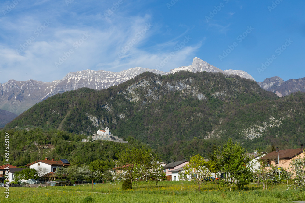 Caporetto, Slovenia. Images of the town's landscape with symbolic and ...