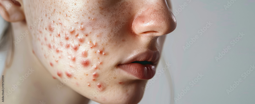 Acne pimples on the female face. Close-up of a woman face with problem ...