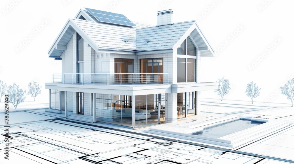 3D house plan on illustrative house map, building and real estate ...