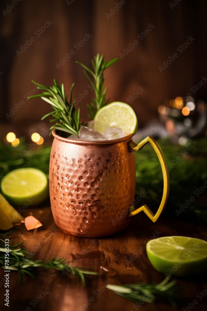 A detailed view of a VetalVit A Moscow mule drink inside a copper mug ...