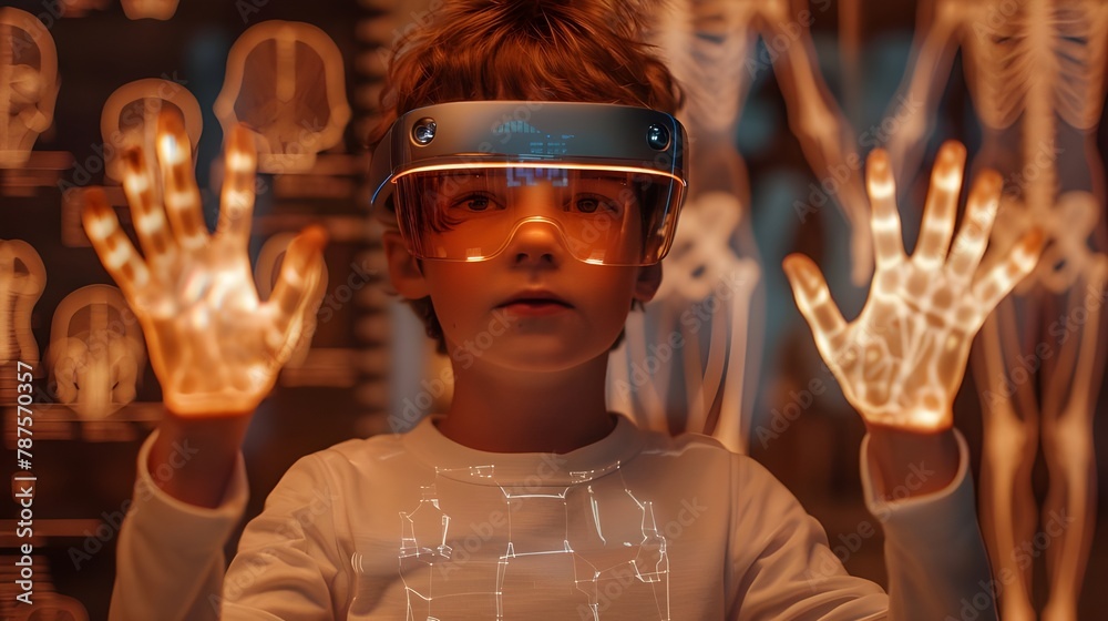 Virtual reality kid, futuristic medical technology background. Teen boy ...