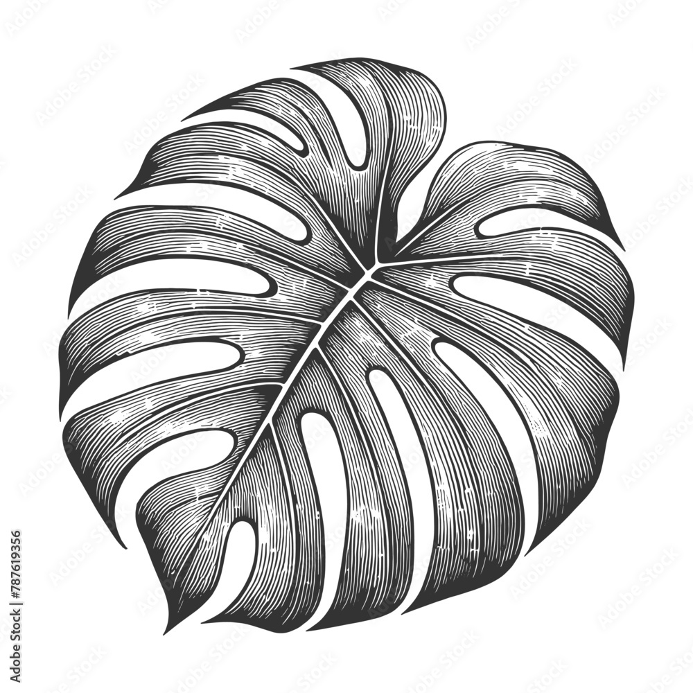 Monstera Deliciosa leaf, depicted in a detailed vintage engraving style ...