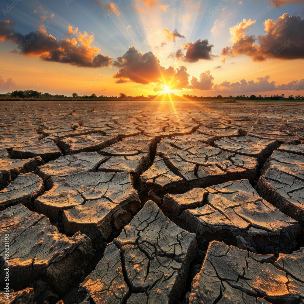 Drought and Desertification: Show a cracked earth landscape, once a ...
