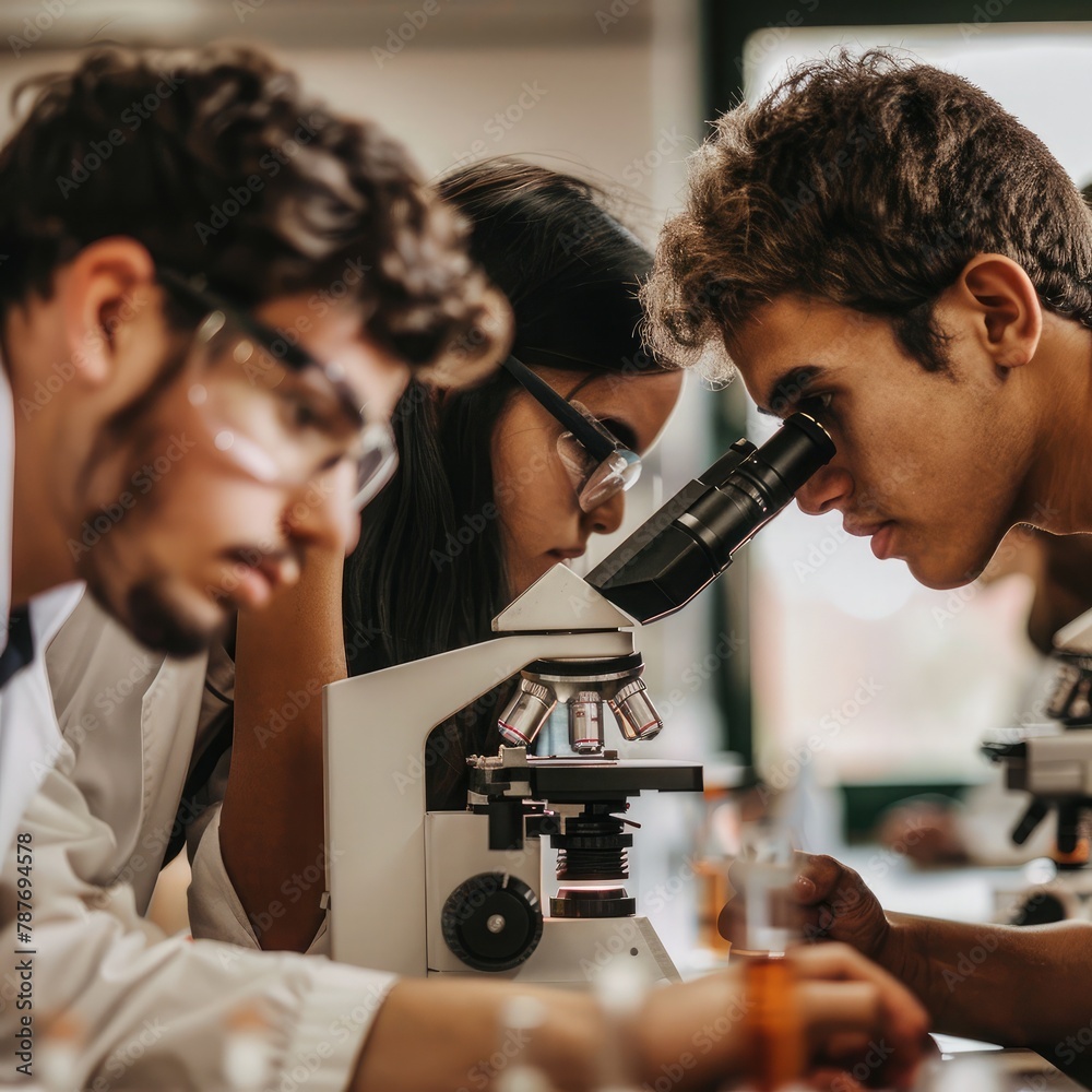 Group of college students performing experiment using microscope in ...