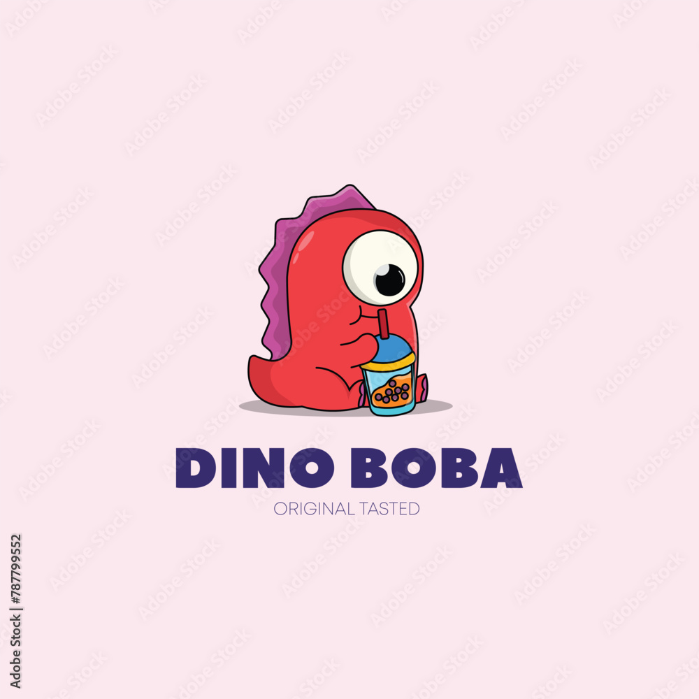 cute dino mascot logo drinking boba vector illustration dino cartoon ...