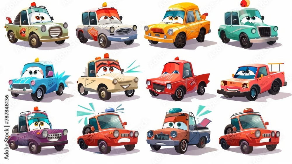 Happy and sad cartoon characters, cute car emoticons with smiling faces ...