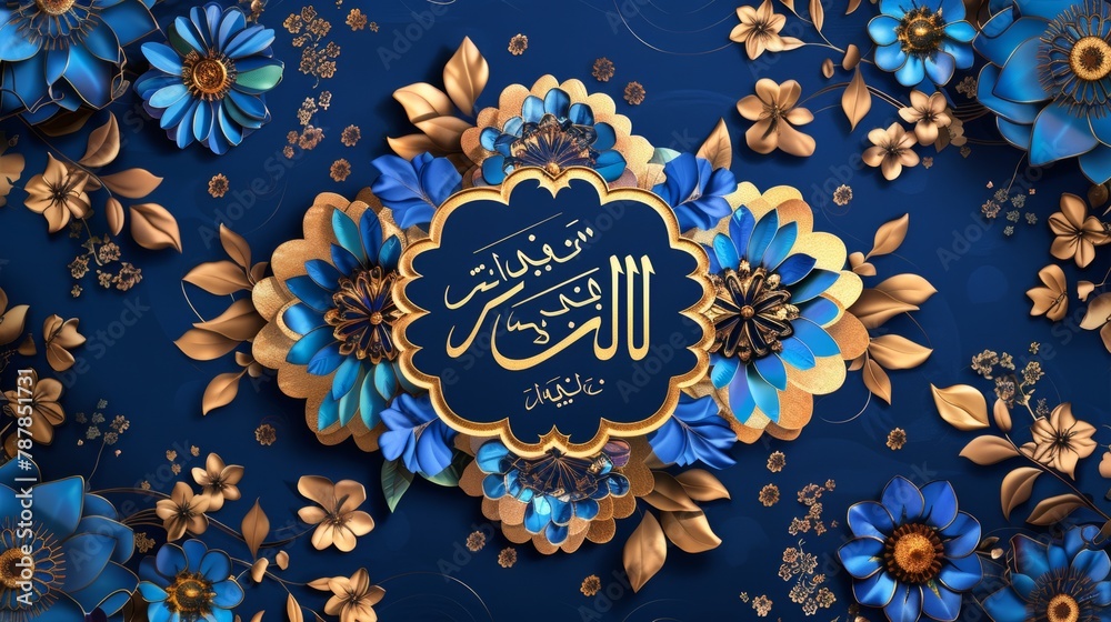 This elegant arabesque design has a blue and gold color scheme, Eid ...