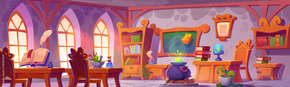 Magic wizard school classroom interior. Cartoon medieval schoolhouse ...