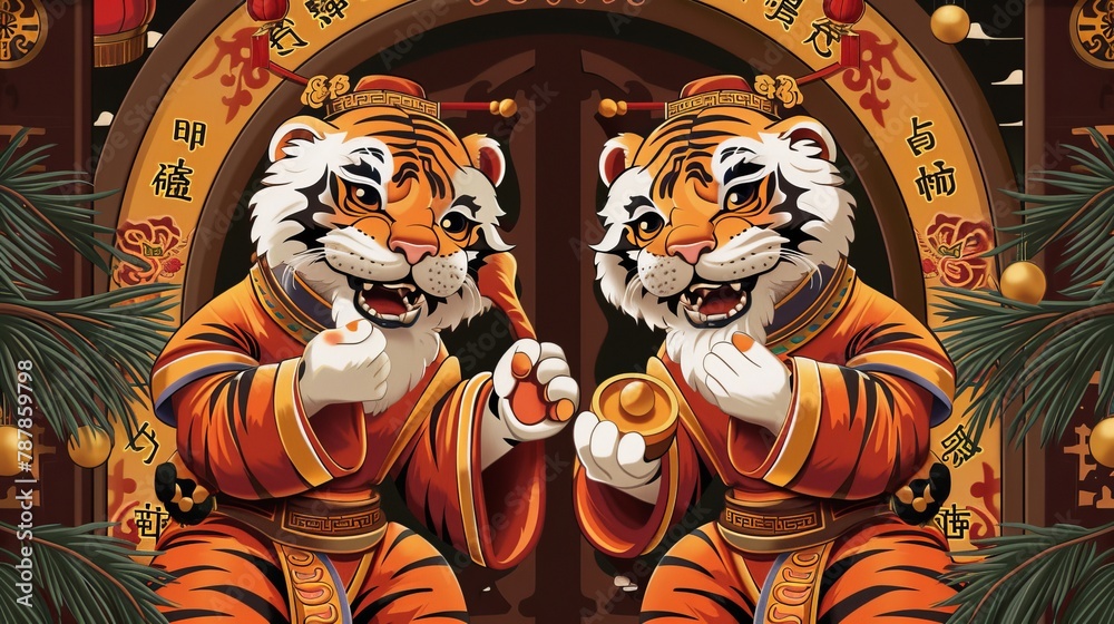 An illustration showing two tigers holding a brush and a gong, tracing ...