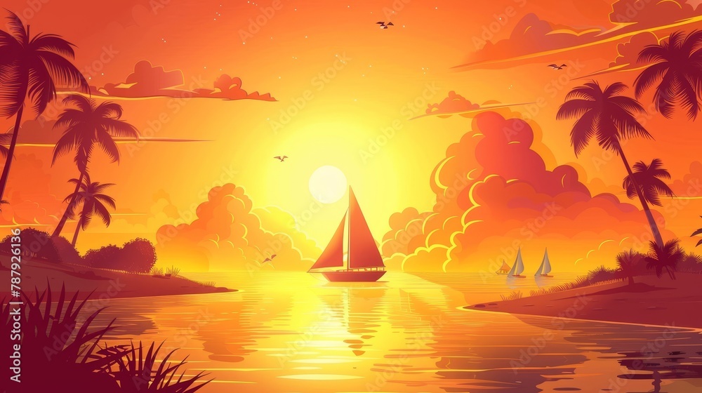 Summer sunset on the beach. Cartoon illustration of a tropical island ...