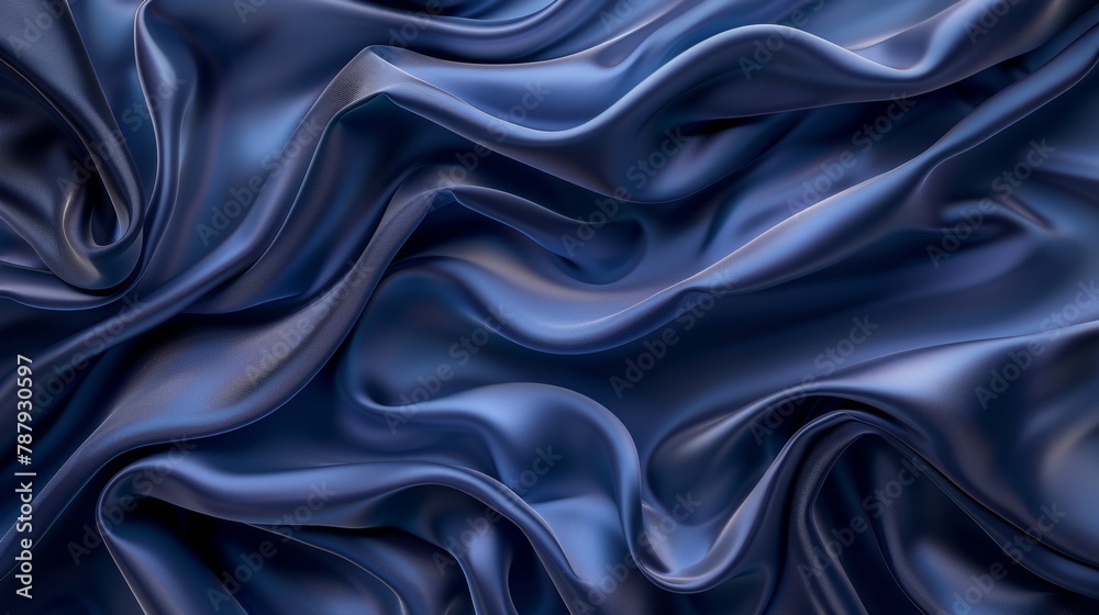 Embroidered velvet curve motion image realistic horizontal design. High resolution blue drapery ...