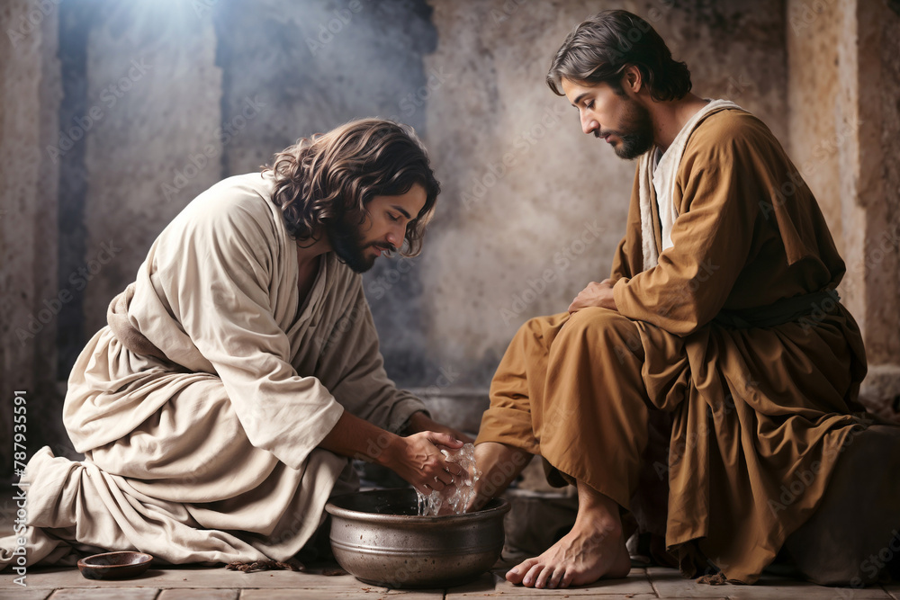 Jesus washing the feet of his disciple. Biblical scene concept. Stock Photo | Adobe Stock