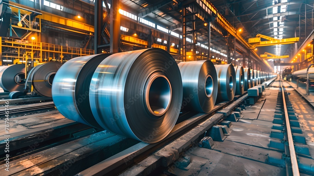 Modern Steel Manufacturing Plant at Night. Gleaming Steel Coils on ...