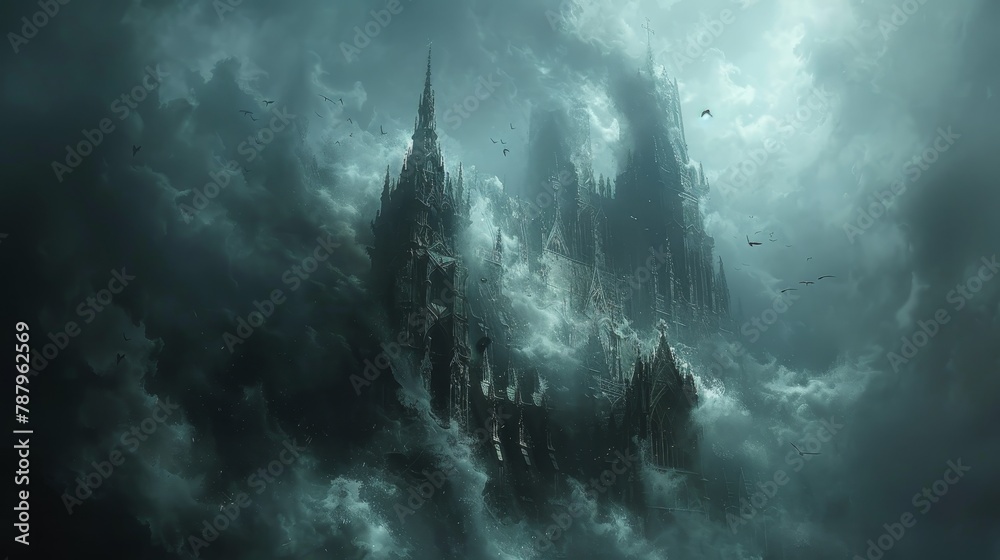 Dense, foreboding clouds shroud a Gothic cathedral, spires pierce the ...