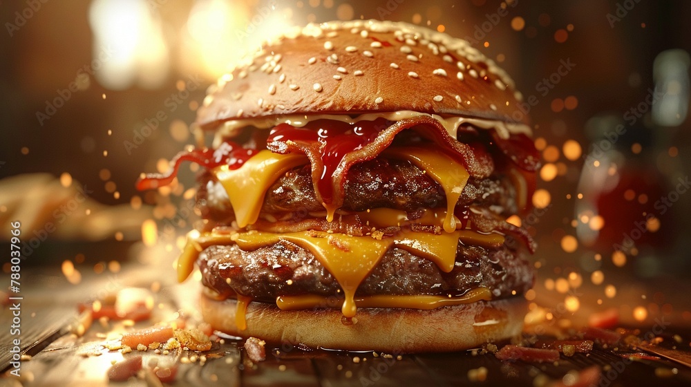 A digitally rendered image of a towering fast food burger dripping with ...