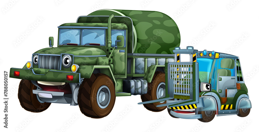 cartoon scene with two military army cars vehicles with forklift theme ...