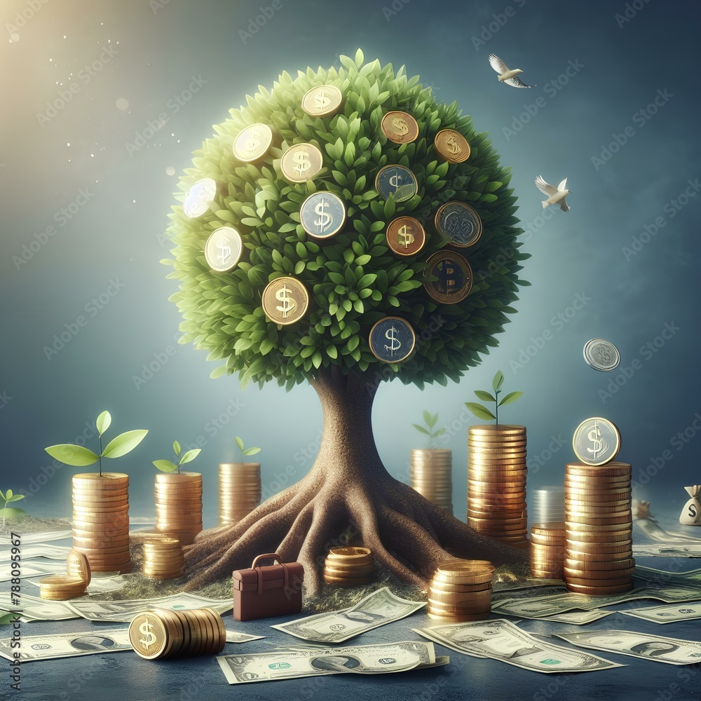 tree growing of accumulating wealth money investment overtime, building ...