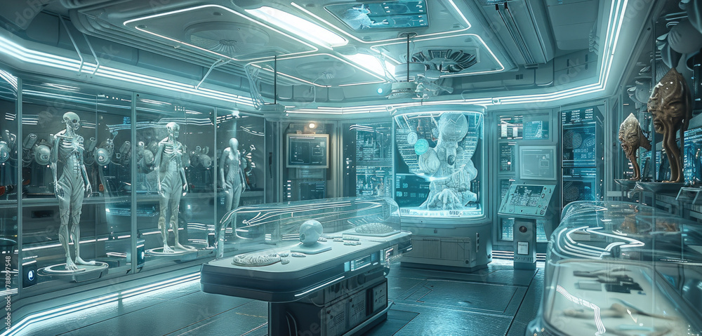 A sci fi lab with futuristic VR equipment, floating holographic ...