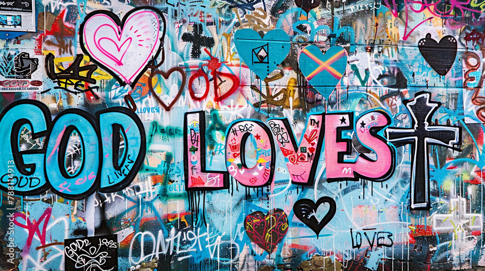 Spray painted graffiti wall positive bold quote GOD Loves graf paint ...