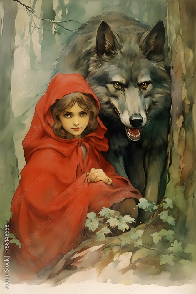 Vintage old antique illustration of a little red riding hood and a wolf ...