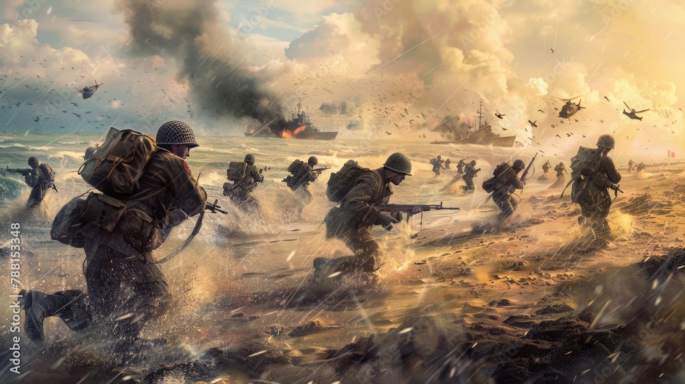 D-Day Normandy Invasion concept art with soldiers landing on beach and ...