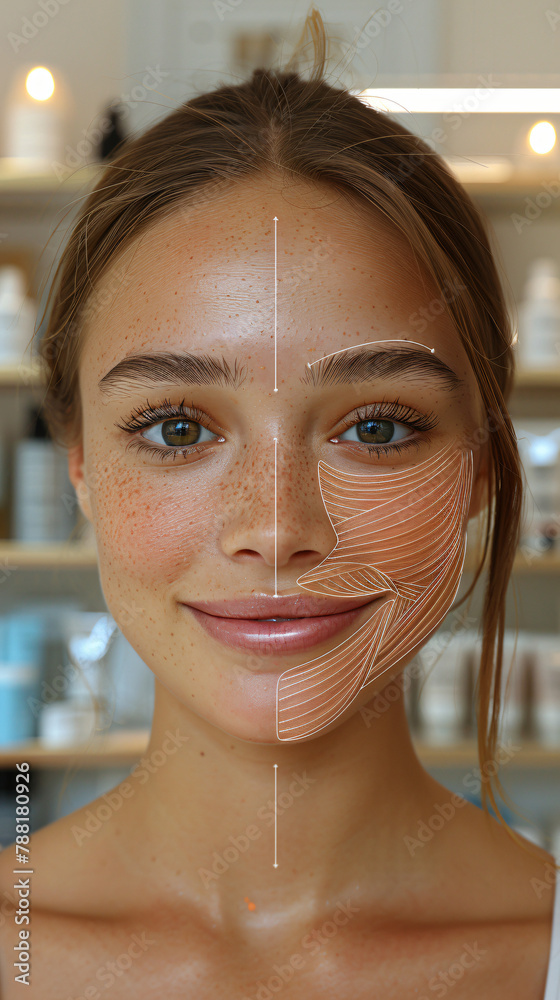 Frontal view of a beautiful woman smiling, half of her face showing ...