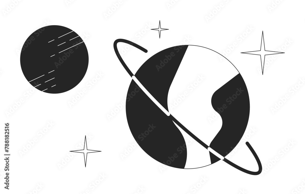 Planets in deep space black and white 2D line cartoon object set ...