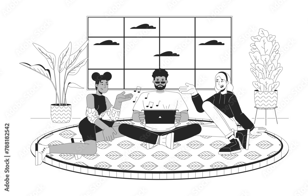 Handheld gaming console friends black and white cartoon flat ...